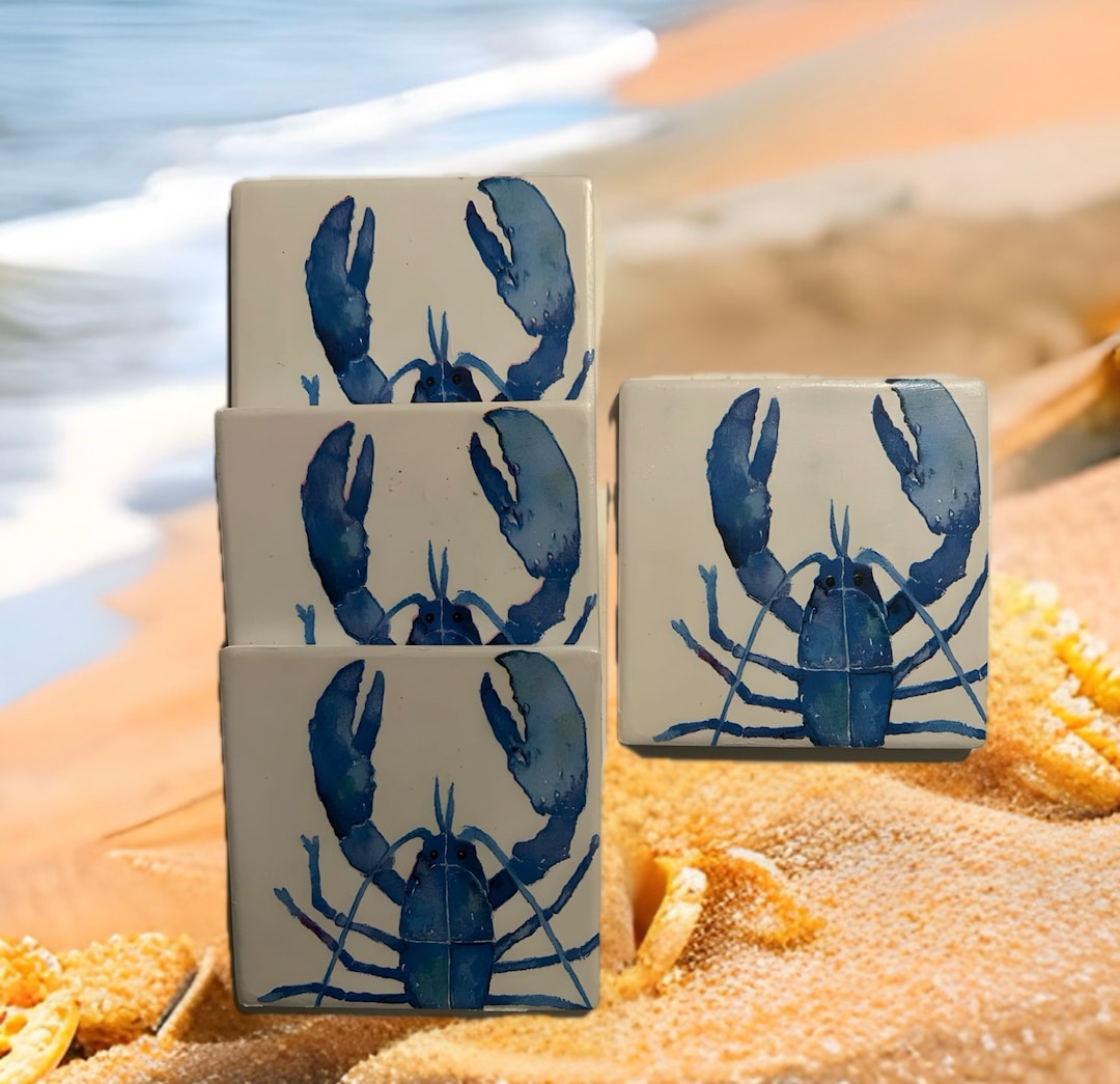 Lobster, Decoupaged Coasters, Set of 4 Tile Coasters With Oyster Shell ...