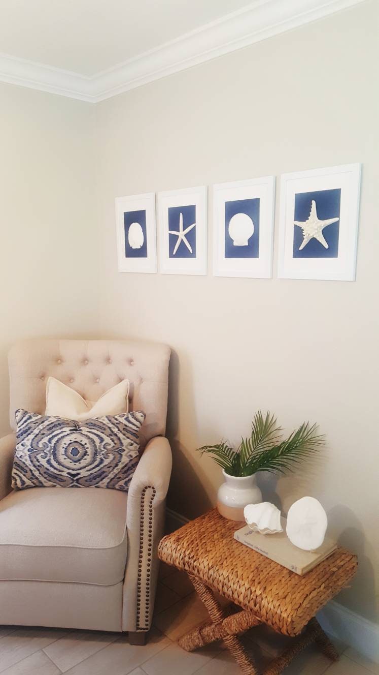 Set of 4 Framed Seashells Navy Blue Beach Decor Beach Wall | Etsy