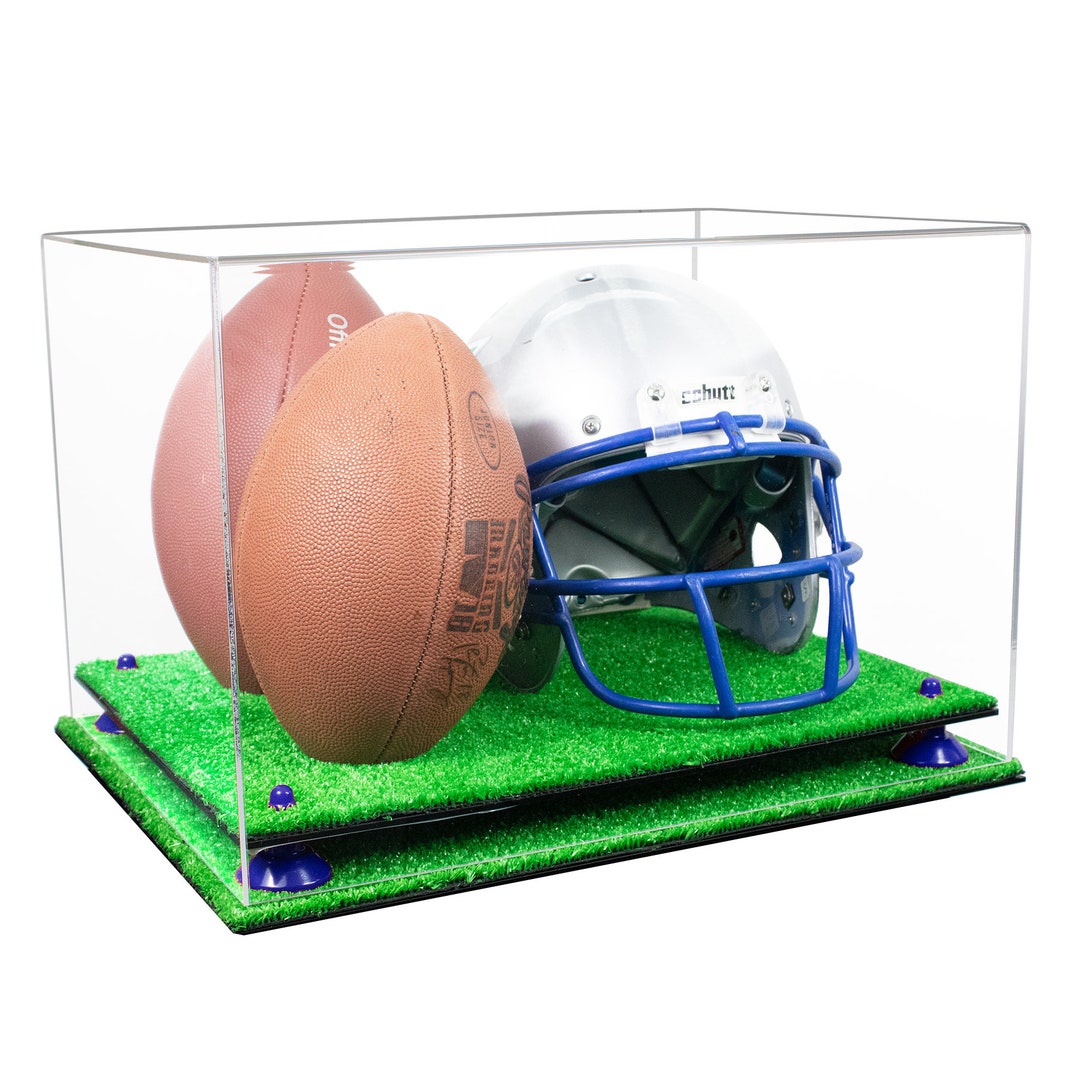 Double Football and Helmet Display Case With Clear and Mirror Case, Risers and Turf Base (A014 ...