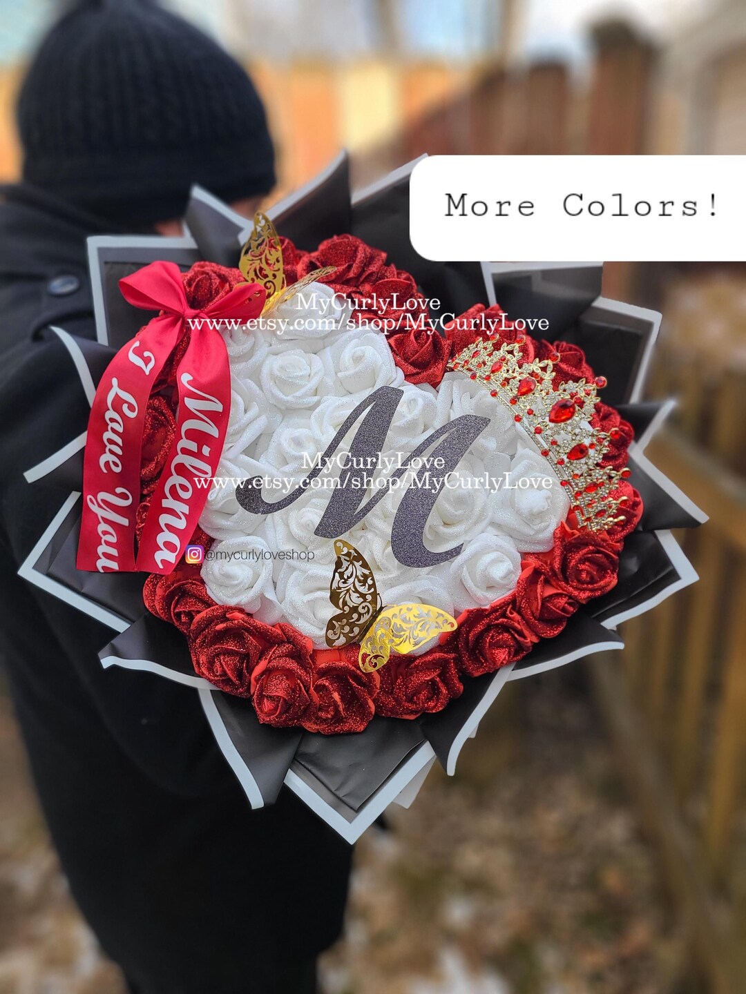 Heart Shaped Glitter Roses Bouquet Initial Letter Ramo Buchon ...