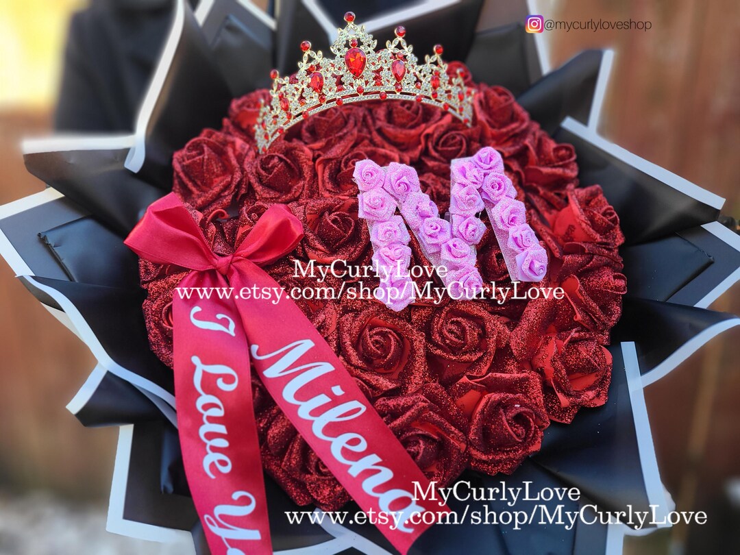 Red Glitter Roses Bouquet With Tiara, Personalized Ribbon & Initial - Etsy