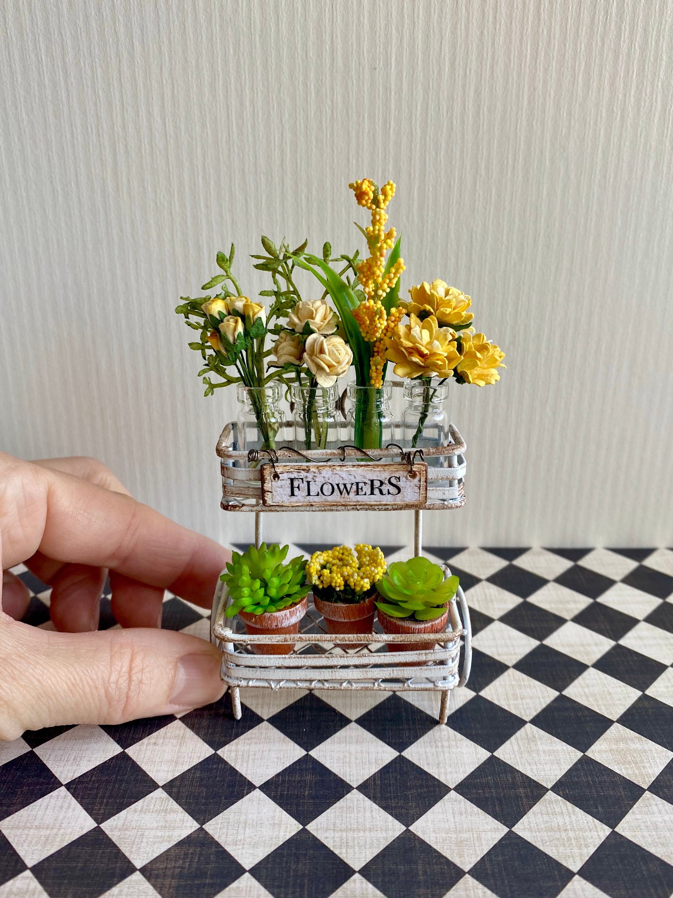 Miniature flower cart dollhouse garden plant stand artisan | Etsy