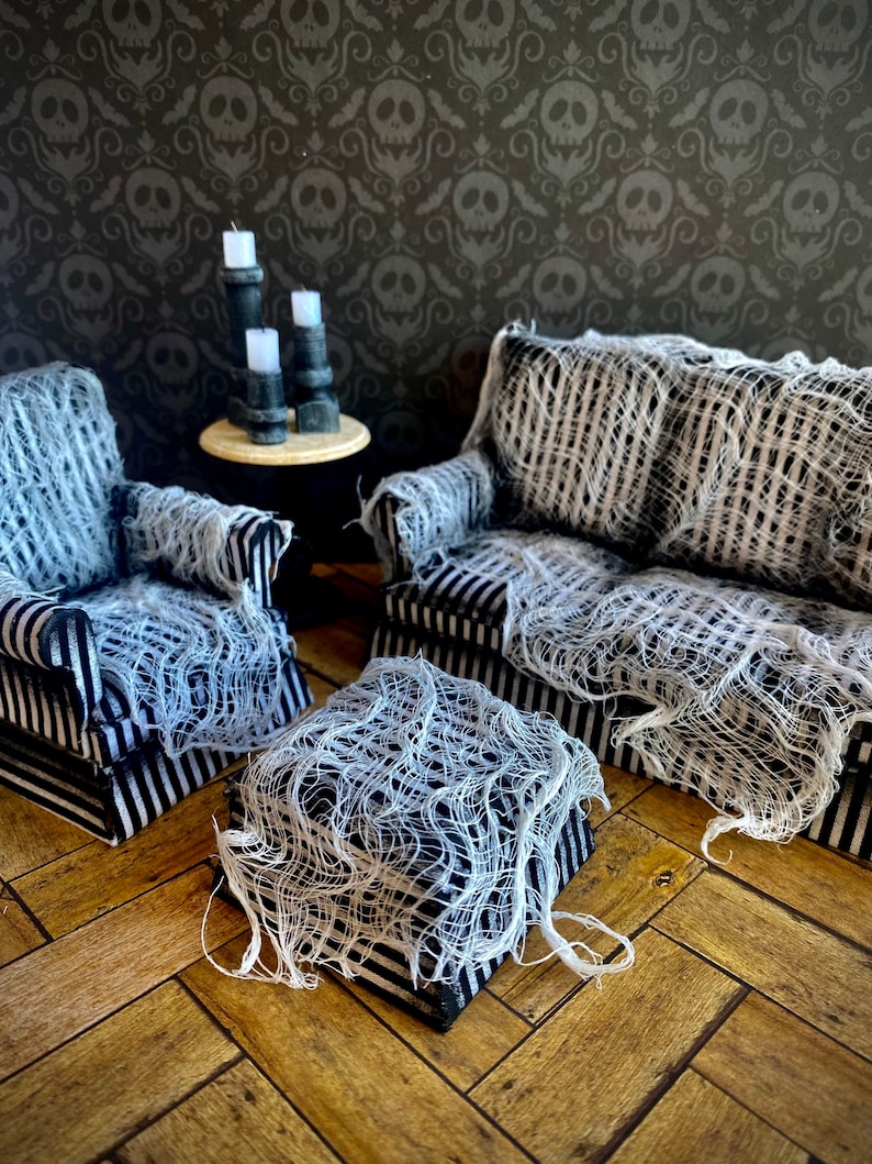 Miniature Haunted Dollhouse Couch, Chair and Ottoman, 1:12 Scale ...