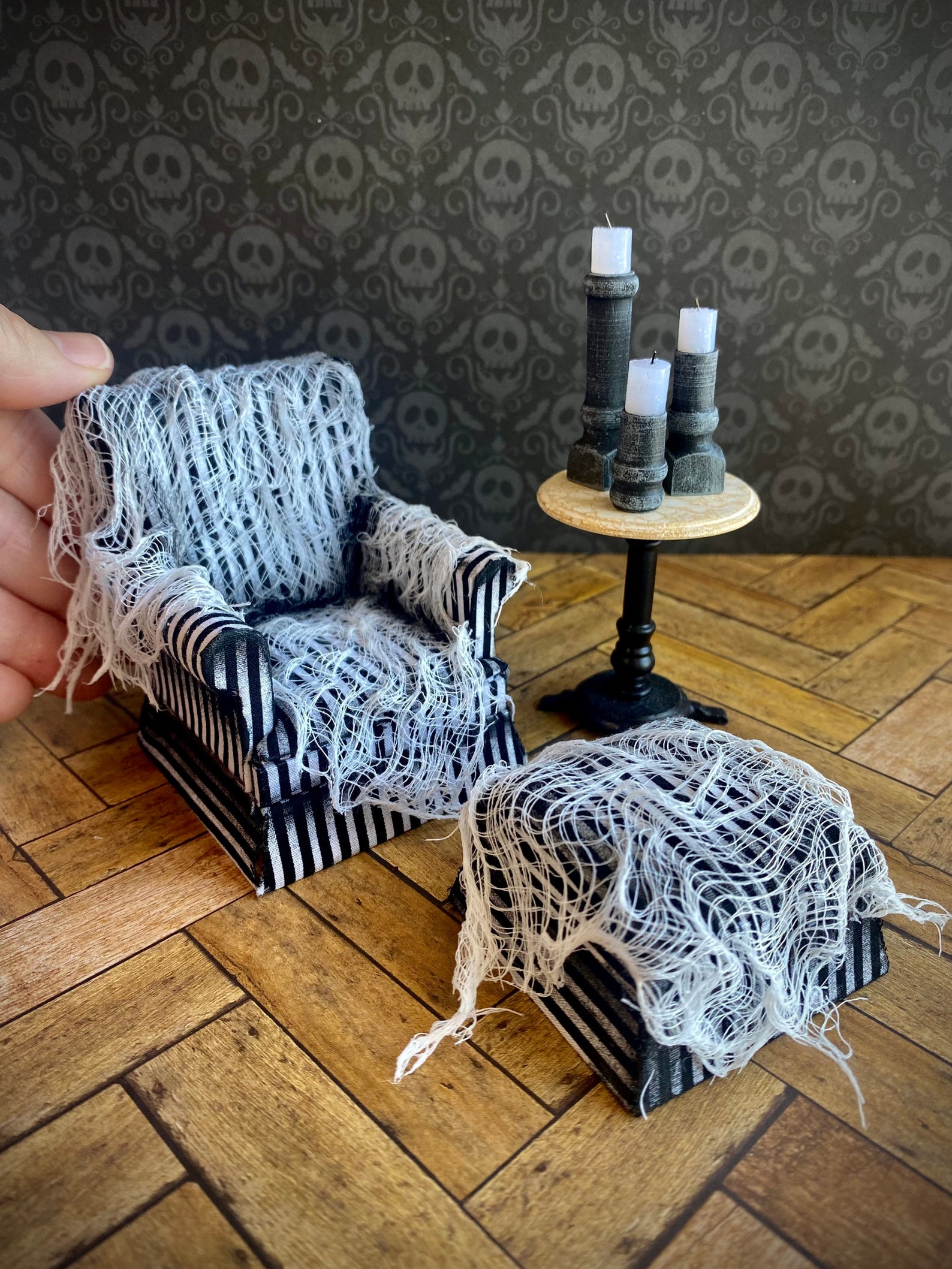 Miniature Haunted Dollhouse Couch, Chair and Ottoman, 1:12 Scale ...