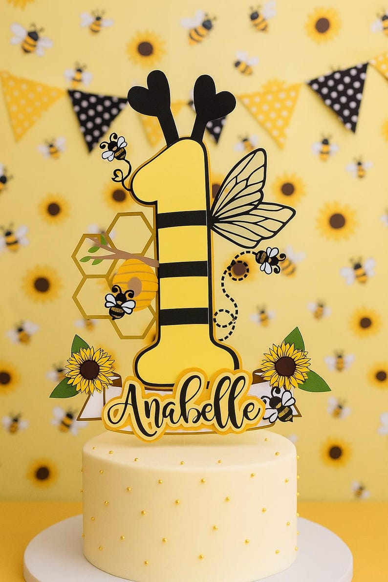 Personalized First Birthday Bee Cake Topper: 3D Honeycomb & Sunflowers ...