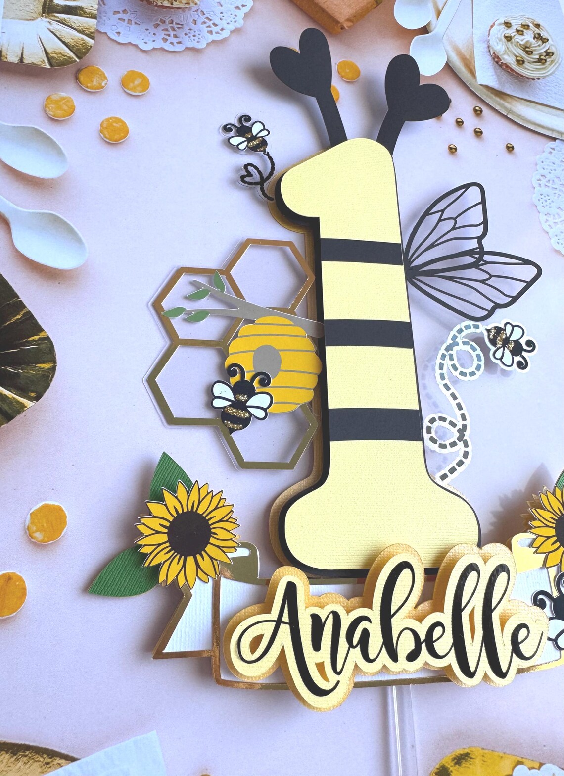 Personalized First Birthday Bee Cake Topper: 3D Honeycomb & Sunflowers ...