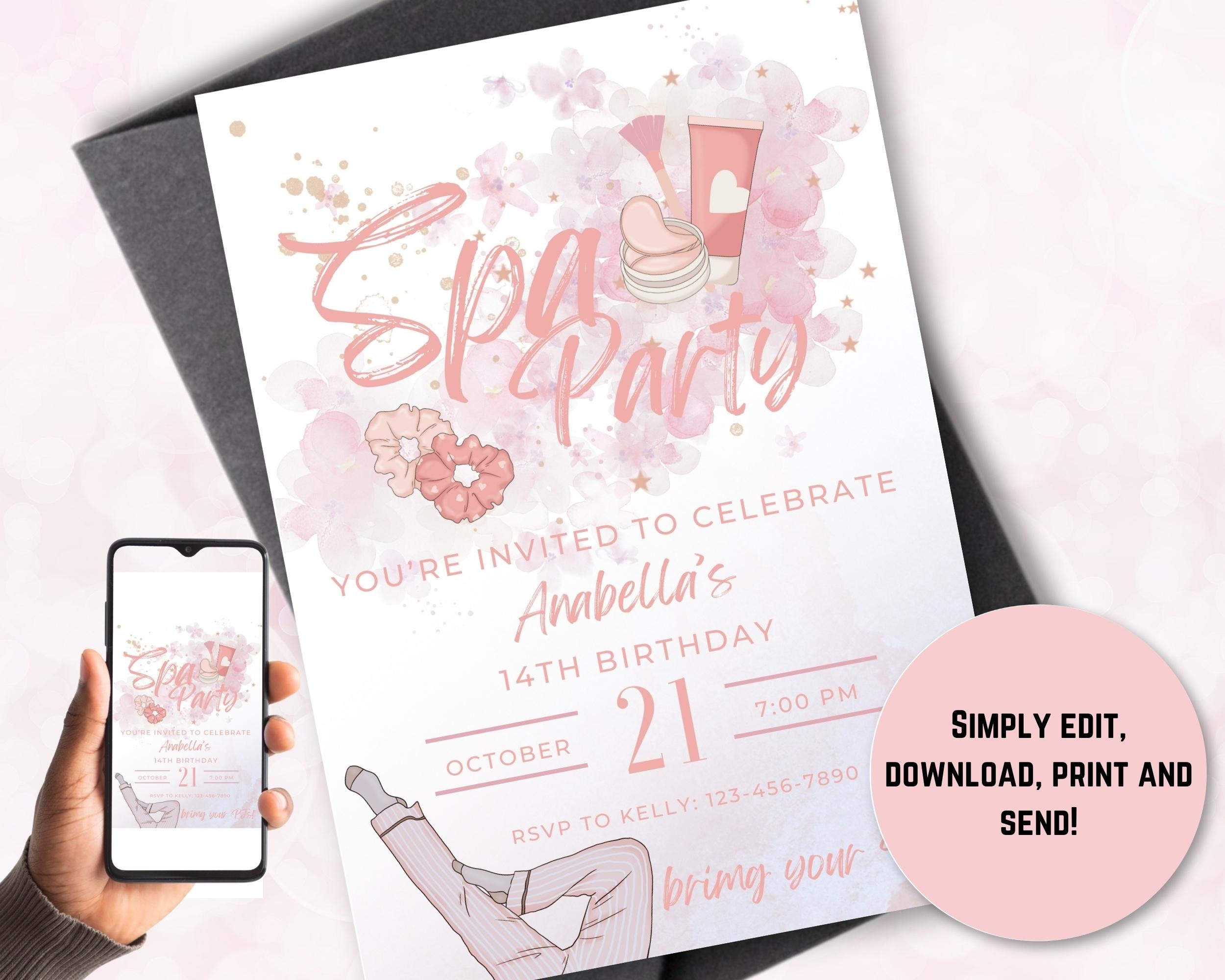 Editable Spa Party Invitation Printable Sleepover Spa Party Invite ...