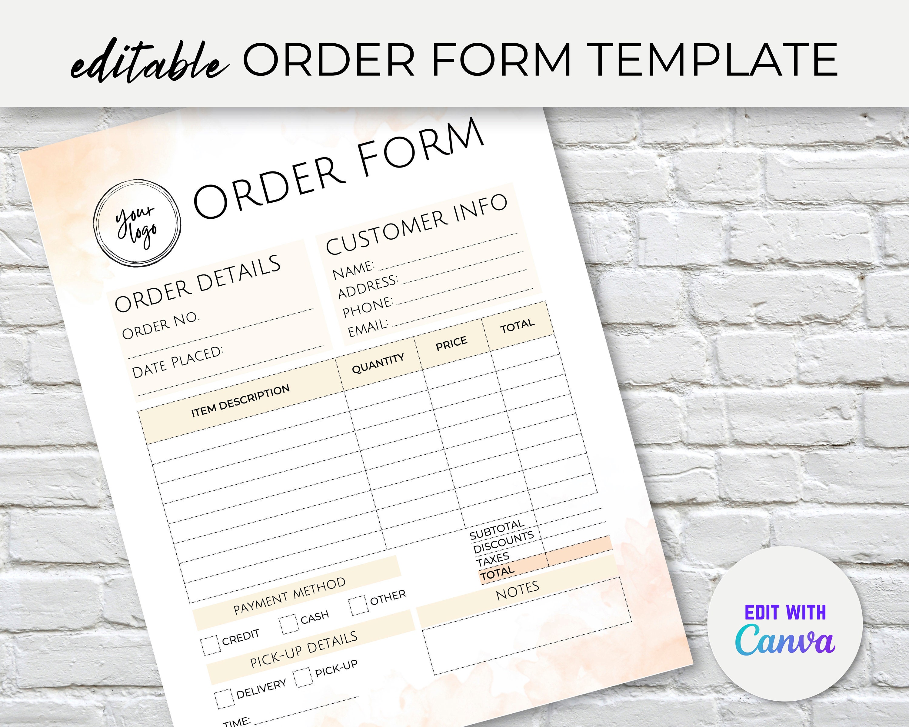 Editable Order Form Template| Custom Order Form | Canva Template ...