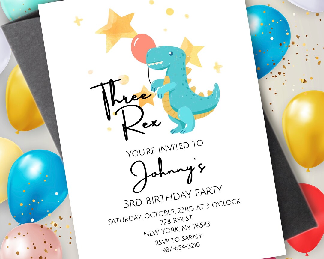 Editable Three Rex Birthday Party Invitation | 3rd Birthday Invite ...