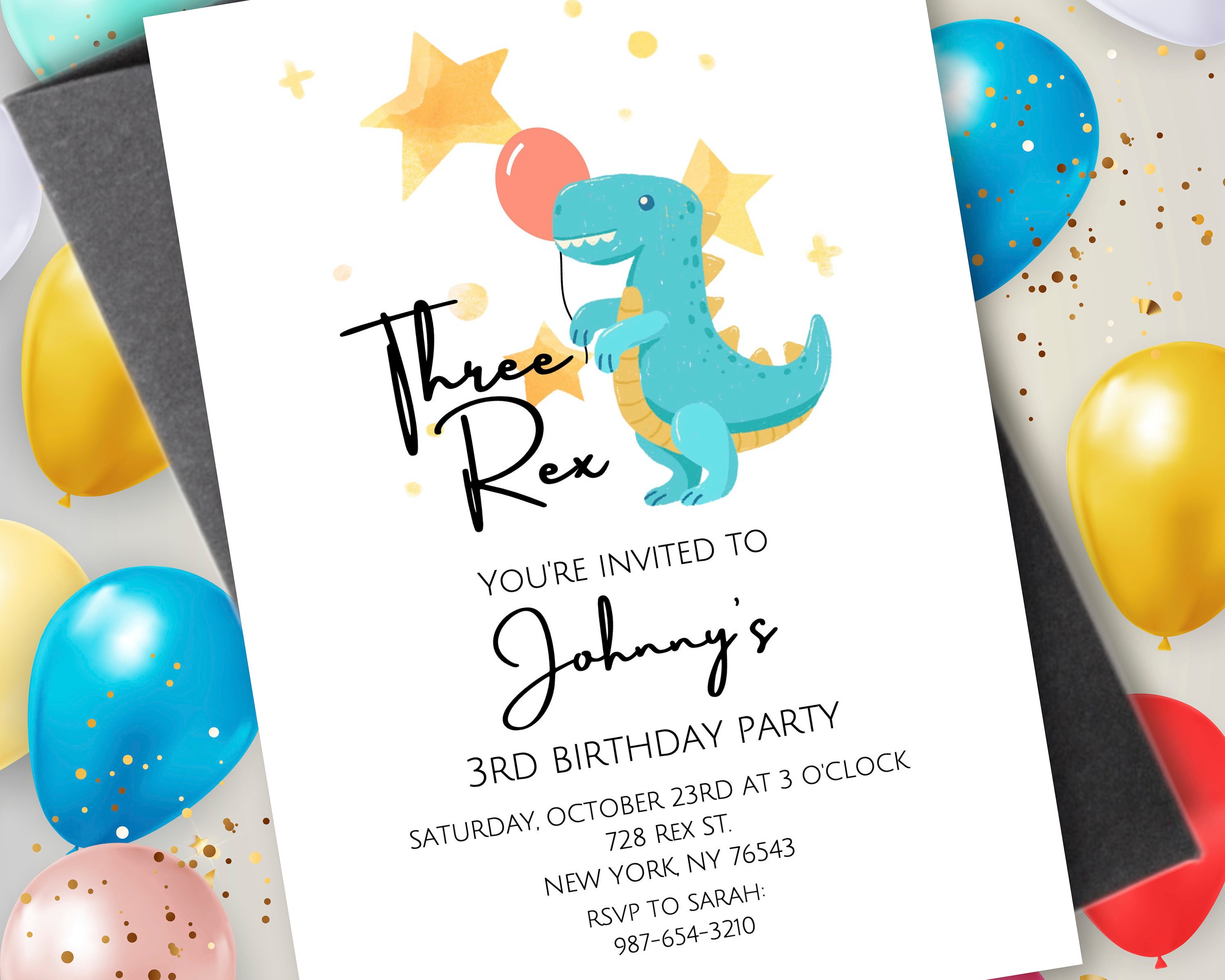 Editable Three Rex Birthday Party Invitation | 3rd Birthday Invite ...