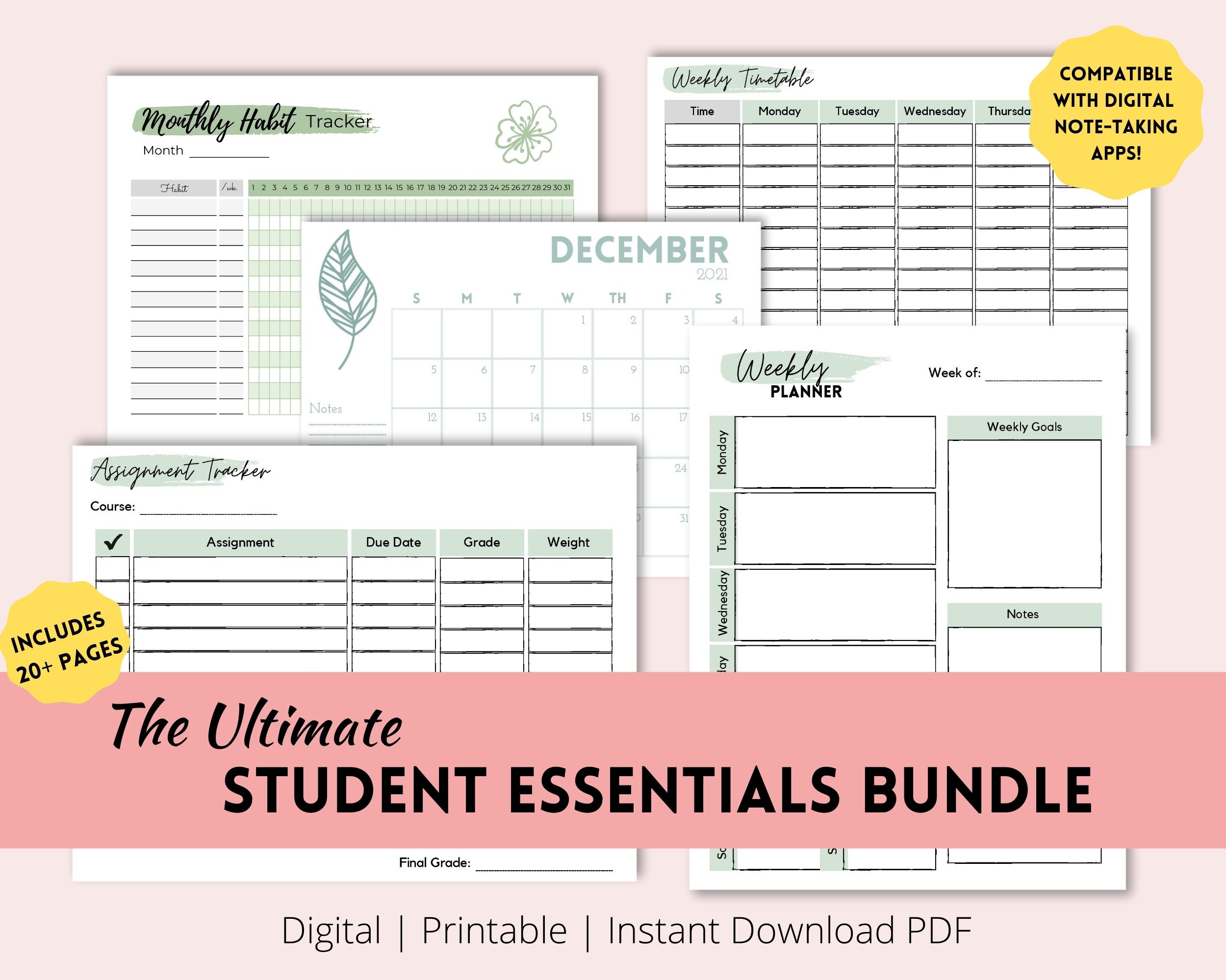 College Student Planner Printable Bundle Digital Planner Habit Tracker ...
