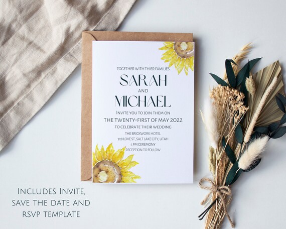 Editable Sunflower Wedding Invitation Set Template Rustic - Etsy