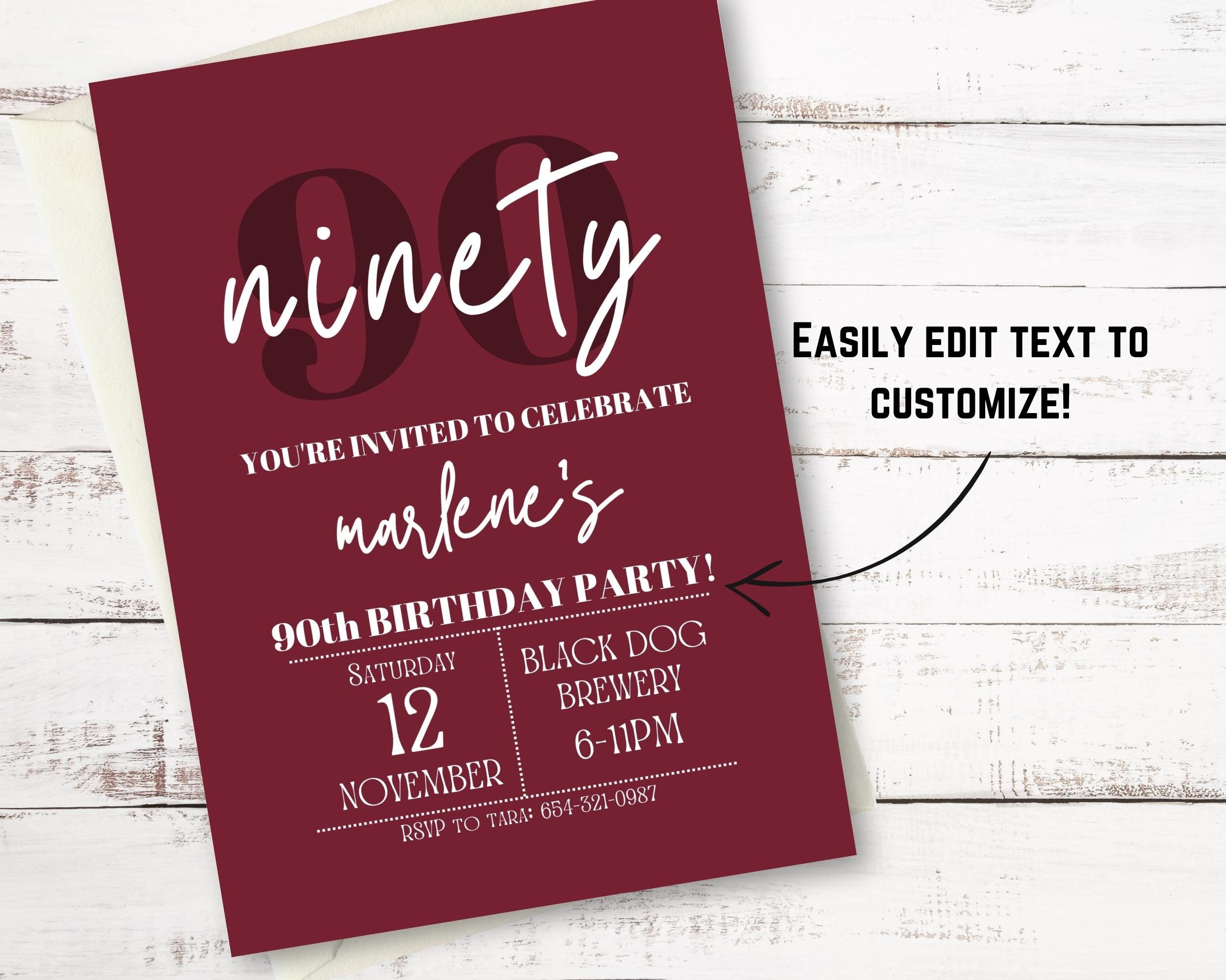 Editable 90th Birthday Party Invitation | Printable Man Birthday Invite ...
