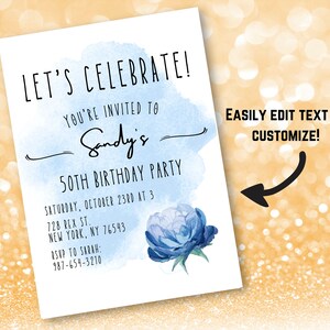 Editable Blue Party Invitation Printable | Blue Party Invite Printable ...