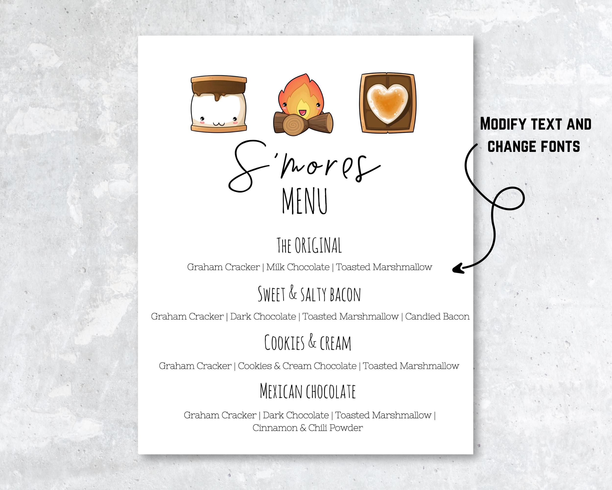 Editable S'mores Menu Sign | Smores Station | S'mores Bar Sign ...
