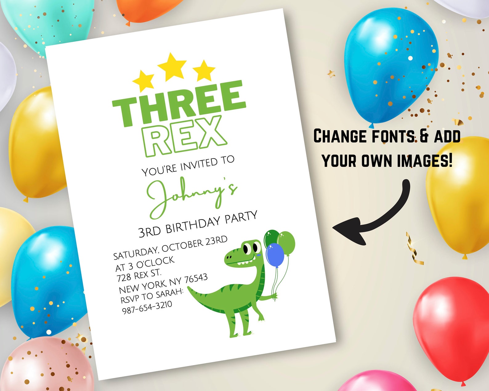 Editable Three Rex Birthday Party Invitation | 3rd Birthday Invite ...