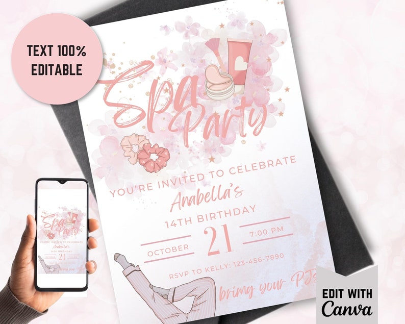 Editable Spa Party Invitation Printable | Sleepover Spa Party Invite ...