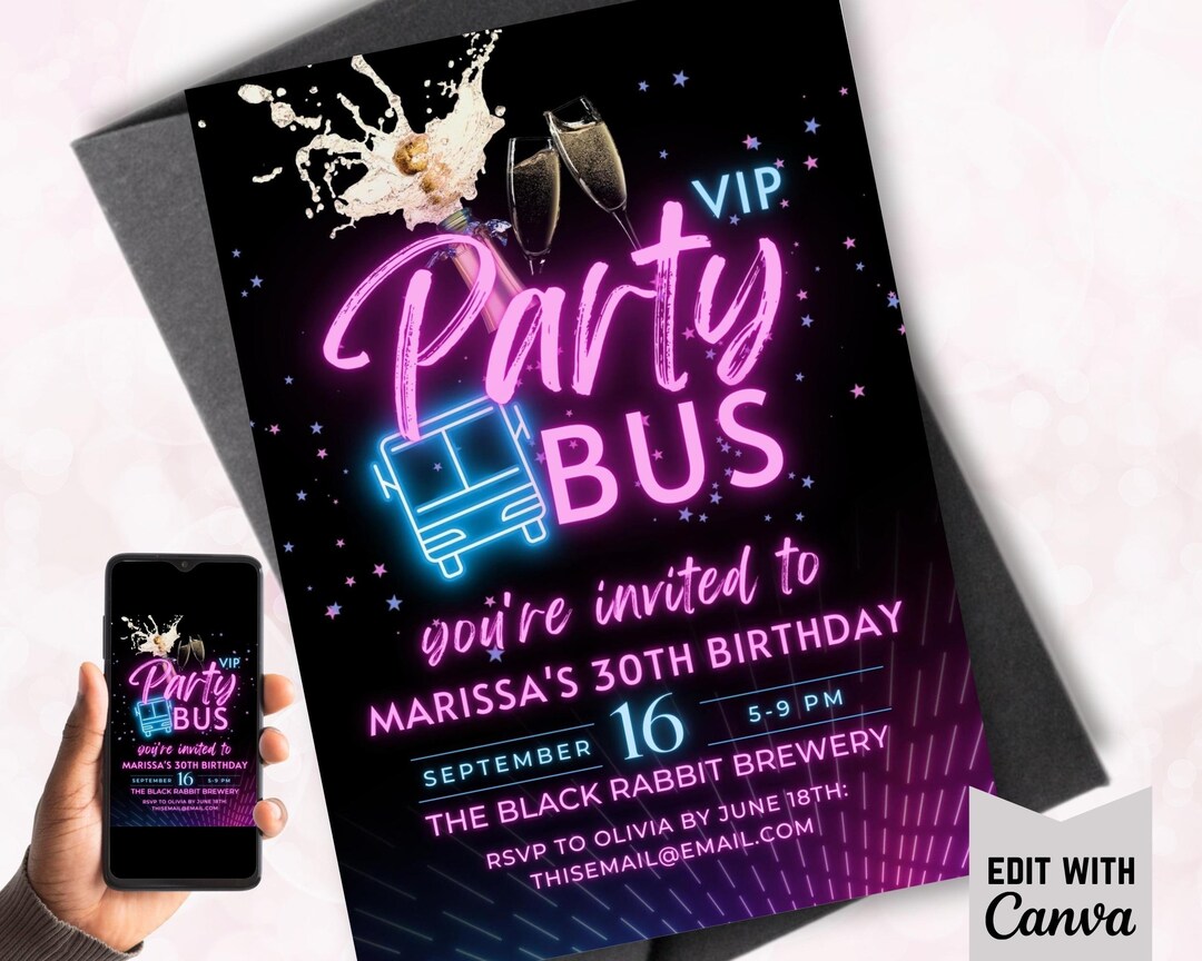 Editable Party Bus Invitation | Party Limo Invite | Custom Canva ...
