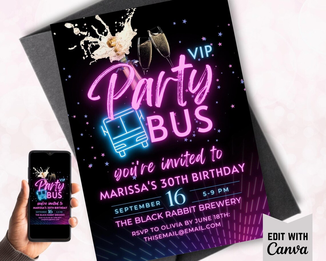 Editable Party Bus Invitation Party Limo Invite Custom Canva Template ...
