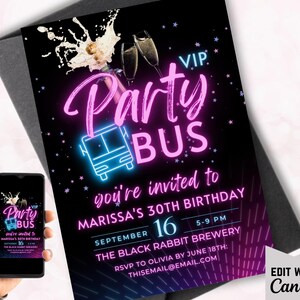 Editable Party Bus Invitation | Party Limo Invite | Custom Canva ...