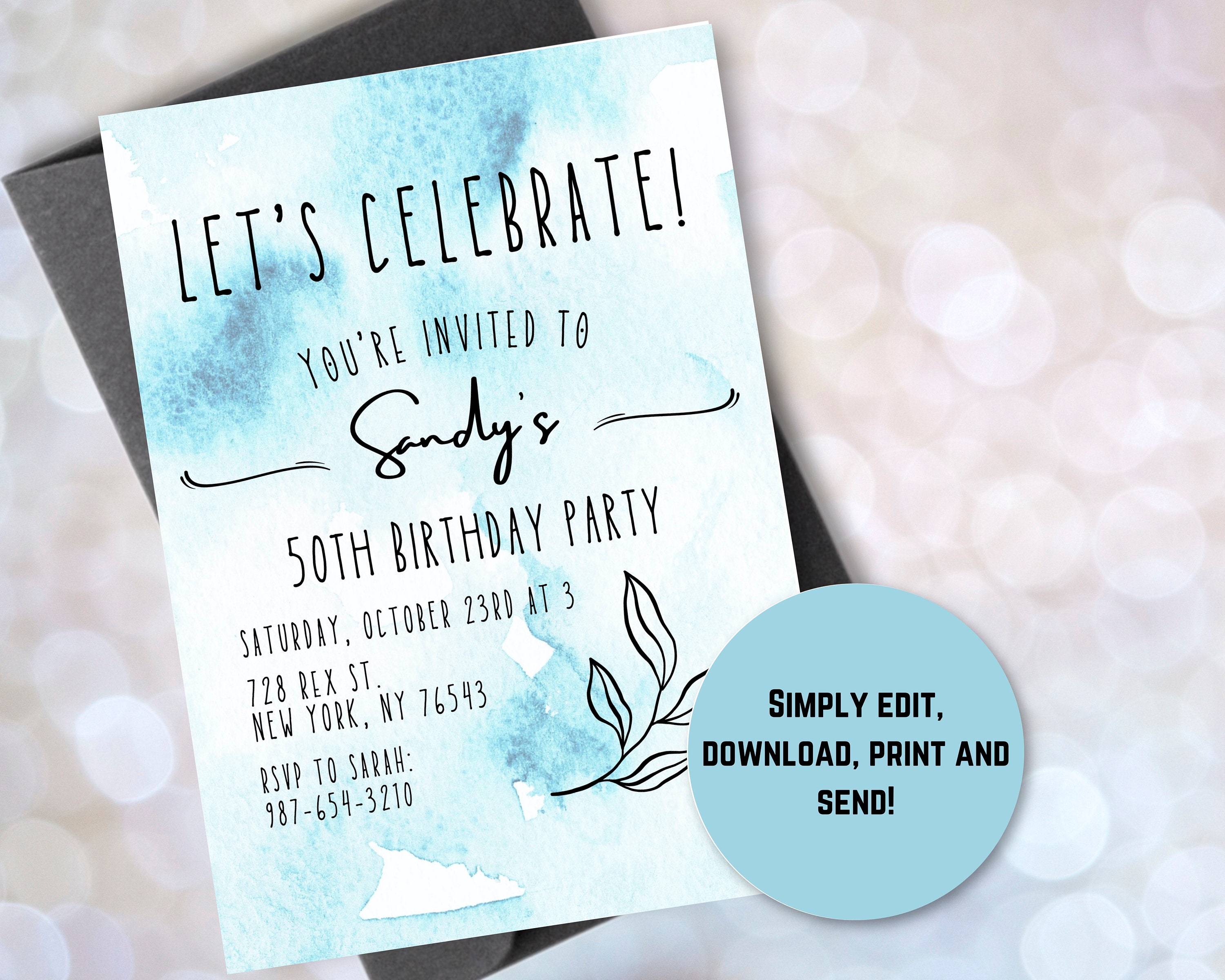 Editable Blue Party Invitation Printable Blue Party Invite Printable ...