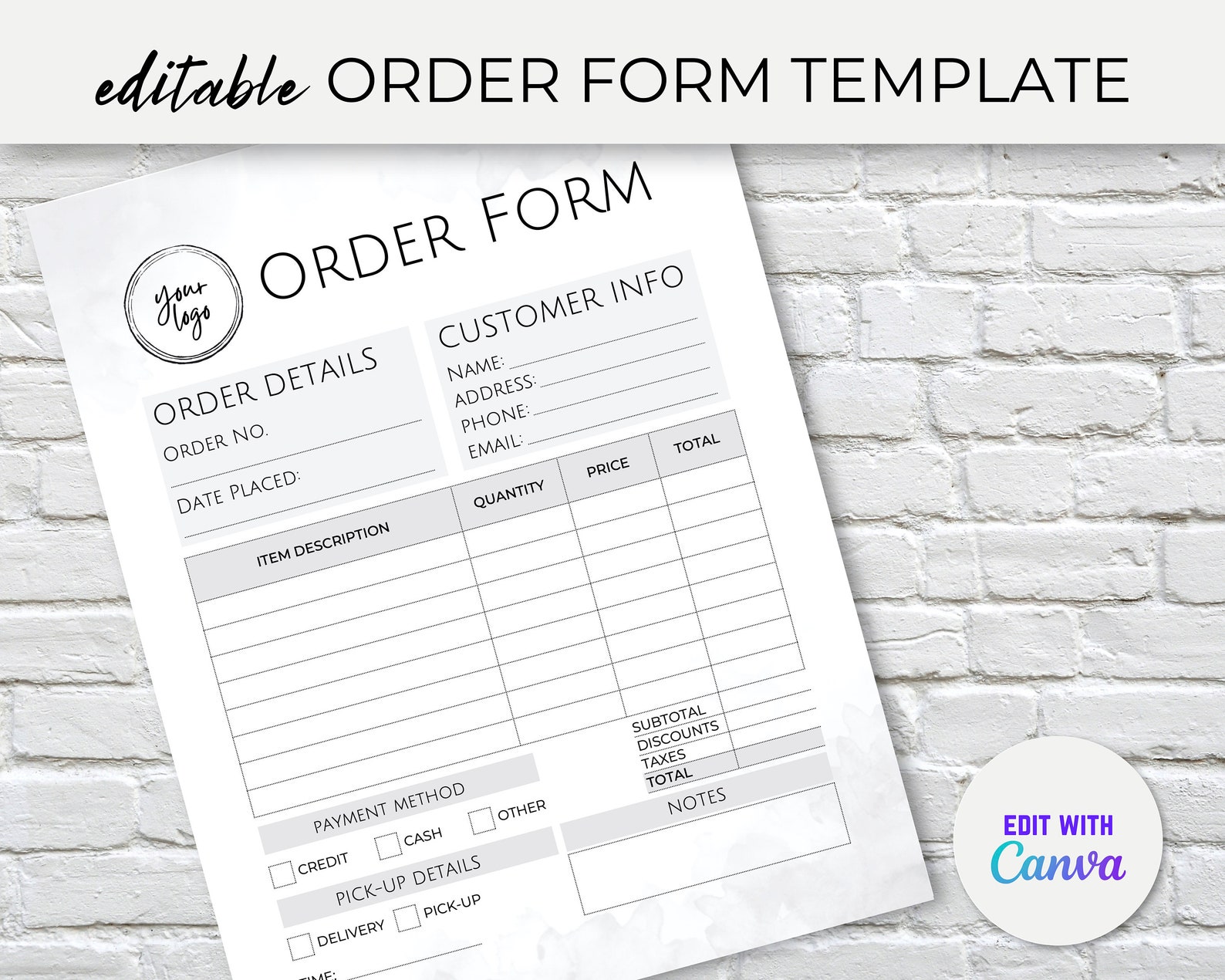 Editable Order Form Template| Custom Order Form | Canva Template ...