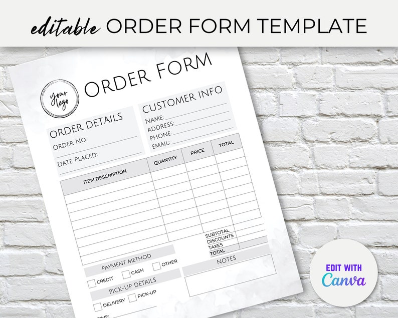 Editable Order Form Template| Custom Order Form | Canva Template ...