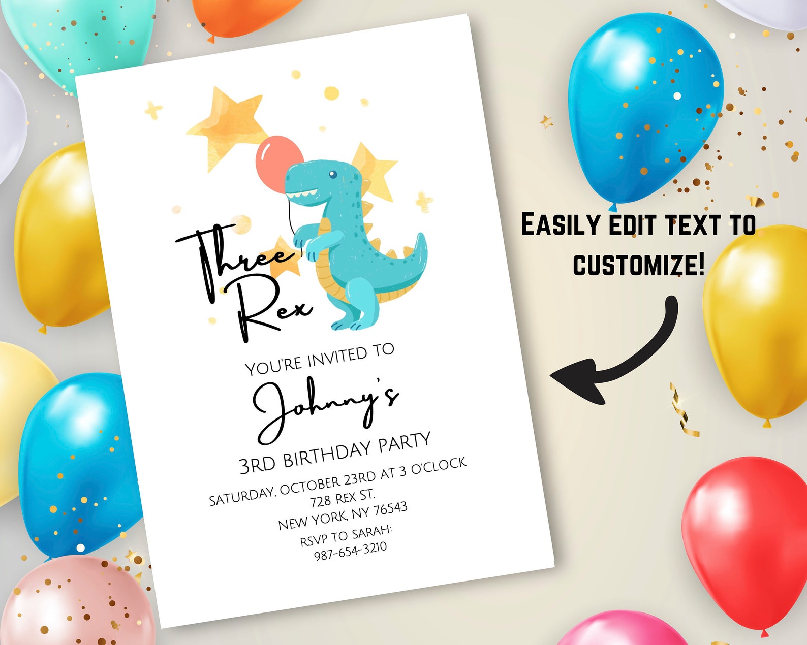 Editable Three Rex Birthday Party Invitation | 3rd Birthday Invite ...