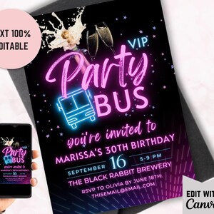 Editable Party Bus Invitation | Party Limo Invite | Custom Canva ...