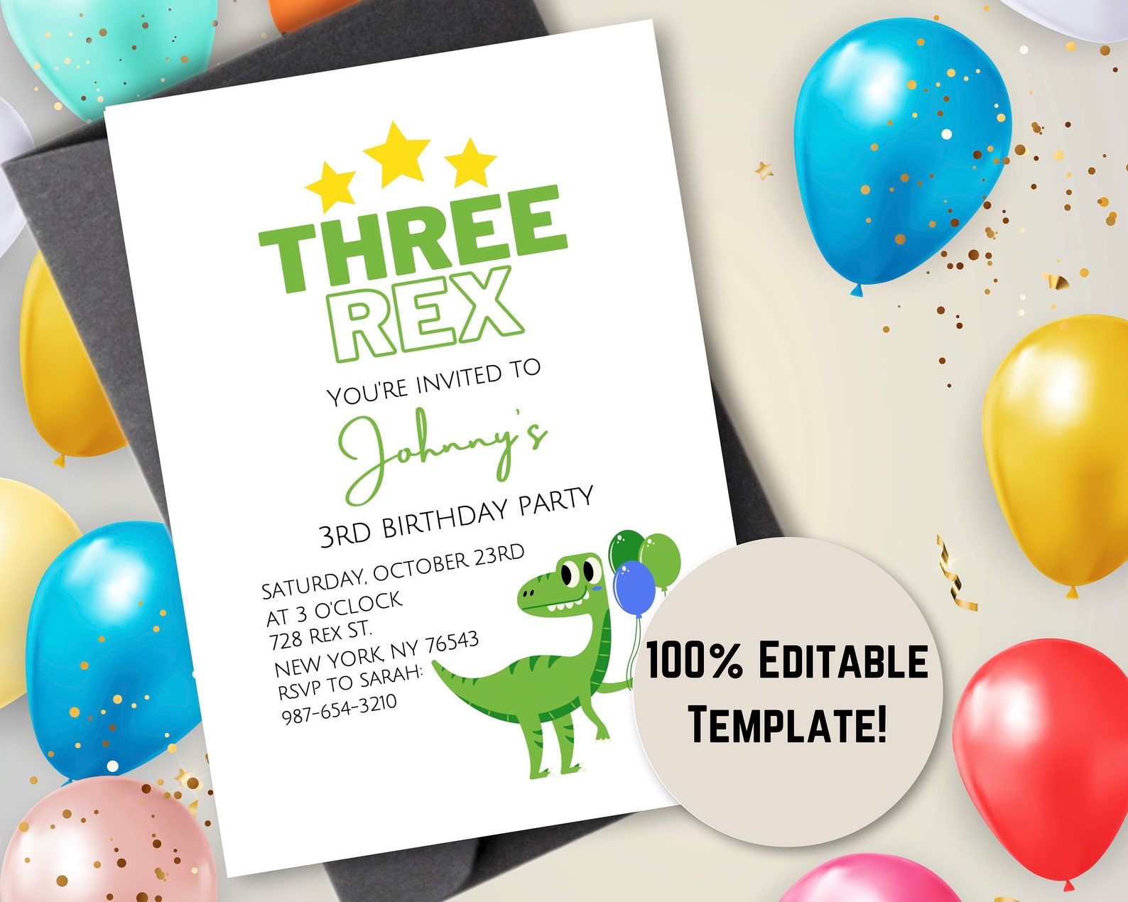 Editable Three Rex Birthday Party Invitation | 3rd Birthday Invite ...