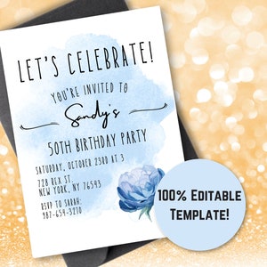 Editable Blue Party Invitation Printable | Blue Party Invite Printable ...