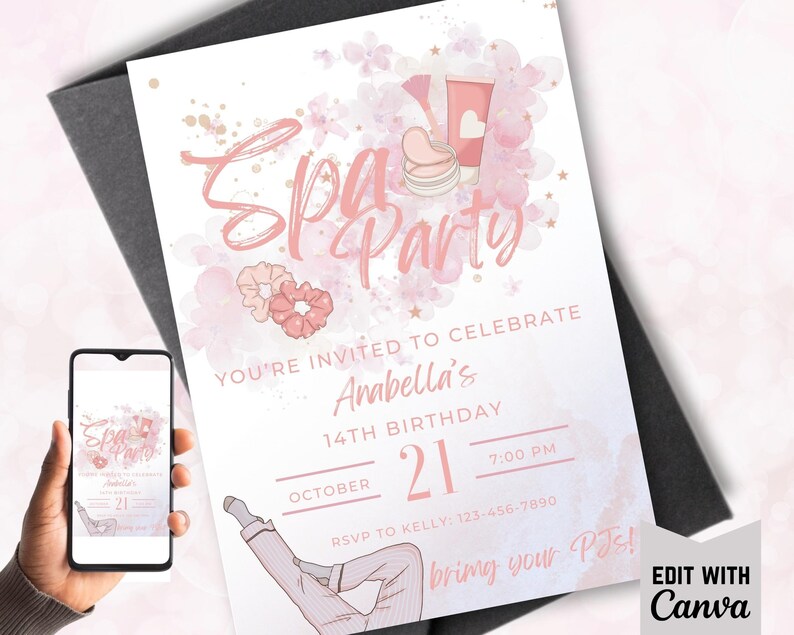 Editable Spa Party Invitation Printable Sleepover Spa Party Invite ...