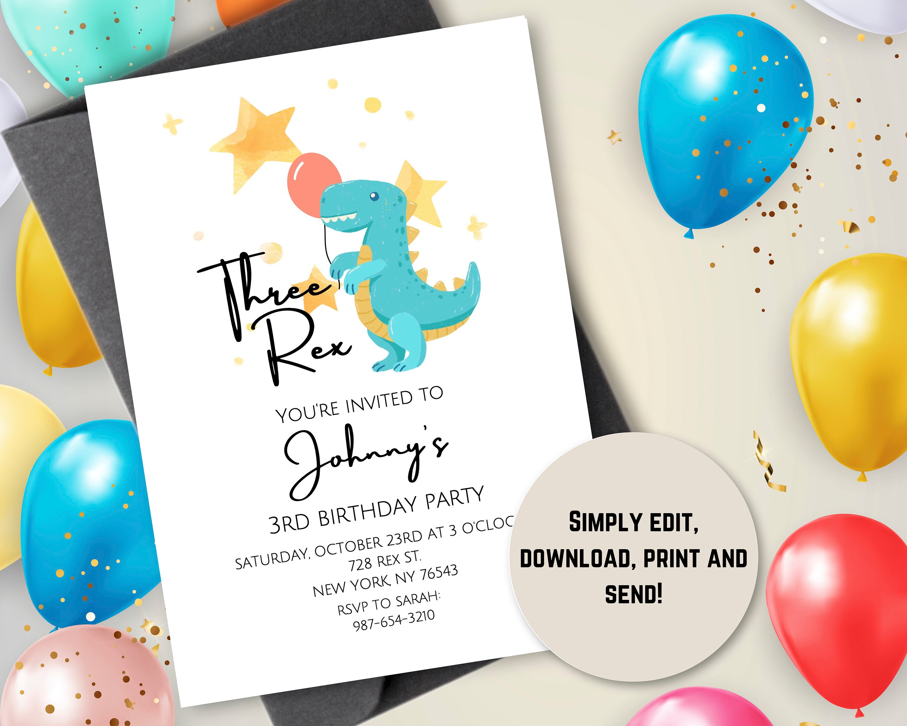 Editable Three Rex Birthday Party Invitation | 3rd Birthday Invite ...