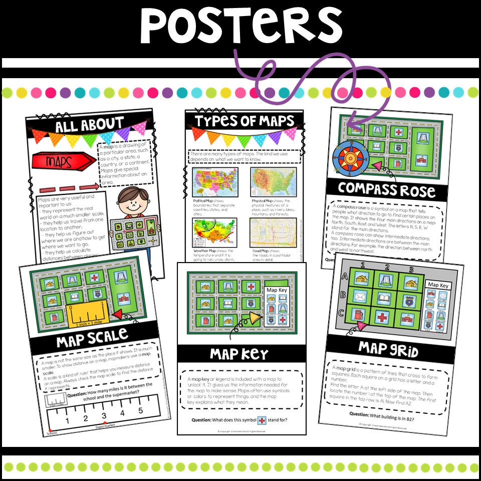 Maps. Map Skills. Compass Rose. Distance Scale. Map Key. Map Grid. - Etsy