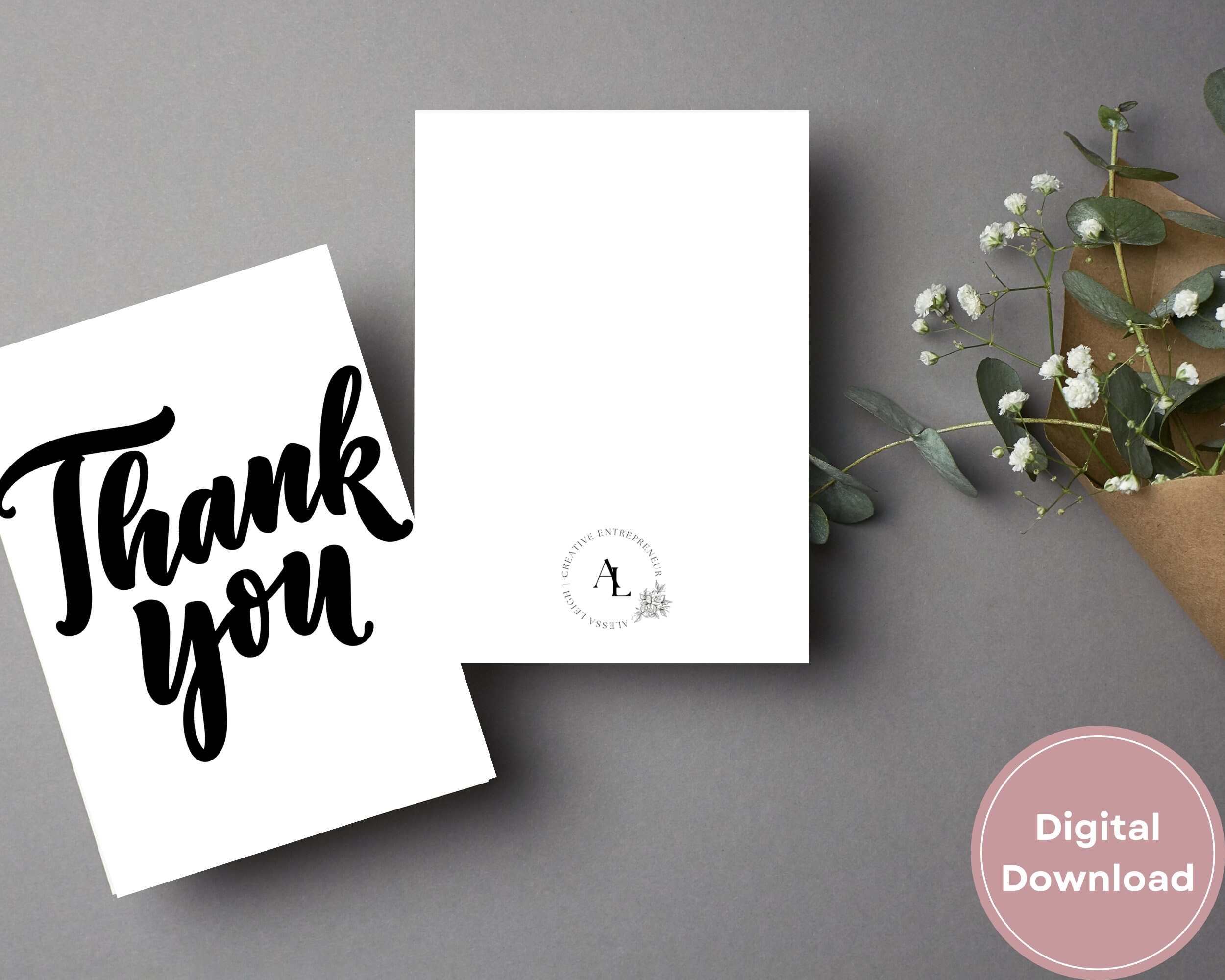 Printable 5x7 Thank You Card Simple Black Script Design Instant Digital ...