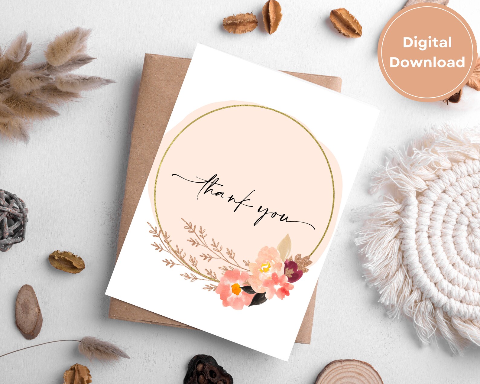 Printable 5x7 Thank You Card | Modern Neutral Floral Design | Instant ...