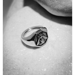 Bee Ring, Men's Sterling Silver Octagon Ring, Handmade Signet Ring, Bee ...