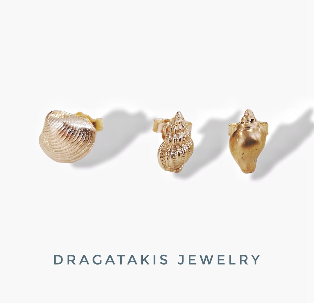 14k Solid Gold Seashell Stud Earrings: Handmade Beach Jewelry - Etsy