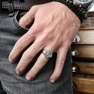 Bee Ring, Men's Sterling Silver Octagon Ring, Handmade Signet Ring, Bee ...