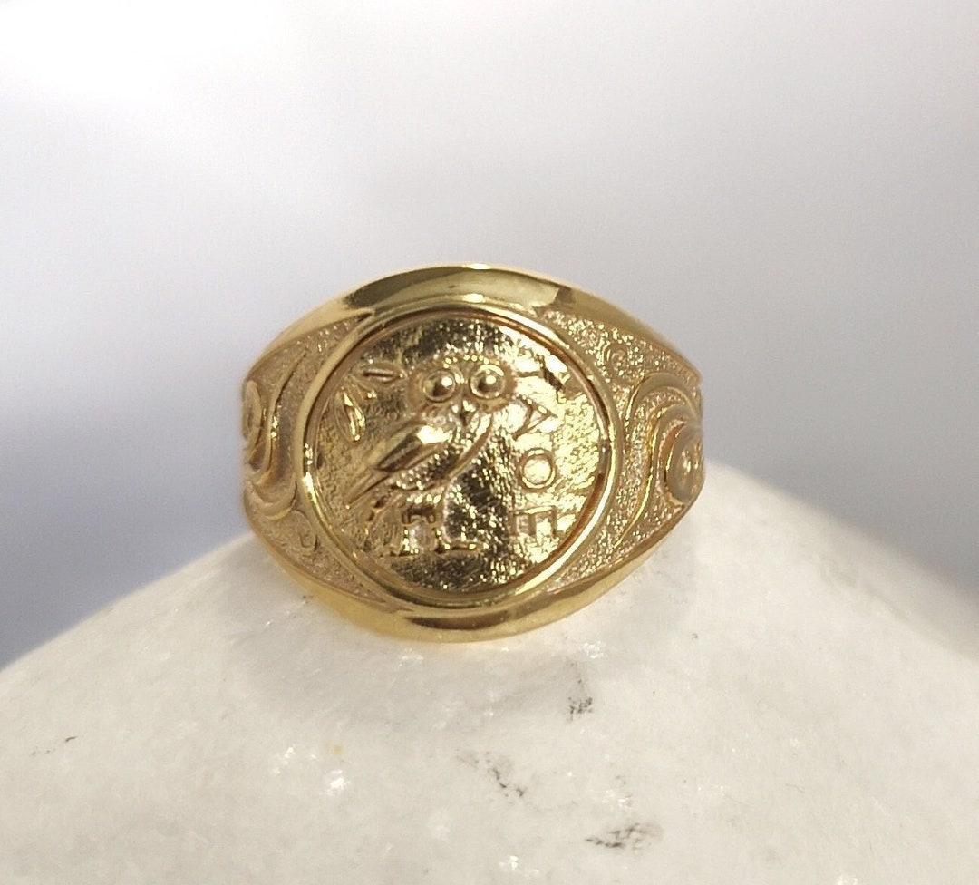 Gold Owl Coin Ring 14K–18K, Handmade Greek Jewelry, Ancient-inspired ...