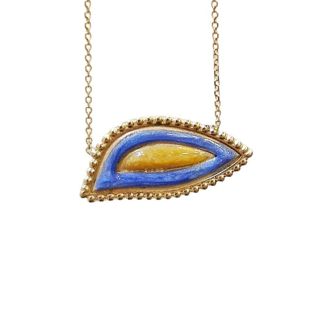 Ancient Greek Evil Eye Necklace in 14K Solid Gold, Blue and Yellow ...