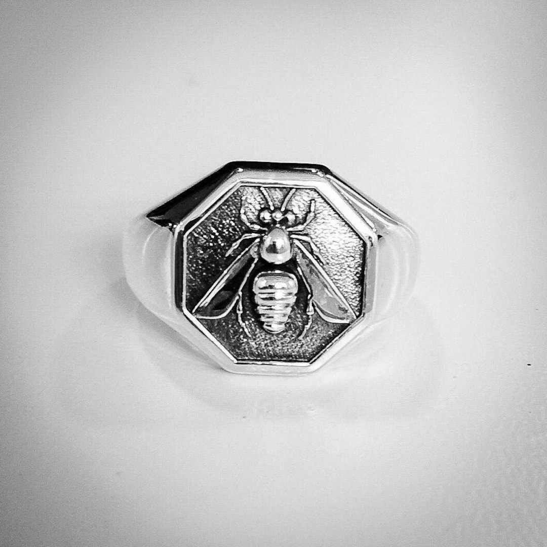 Bee Ring, Men's Sterling Silver Octagon Ring, Handmade Signet Ring, Bee ...