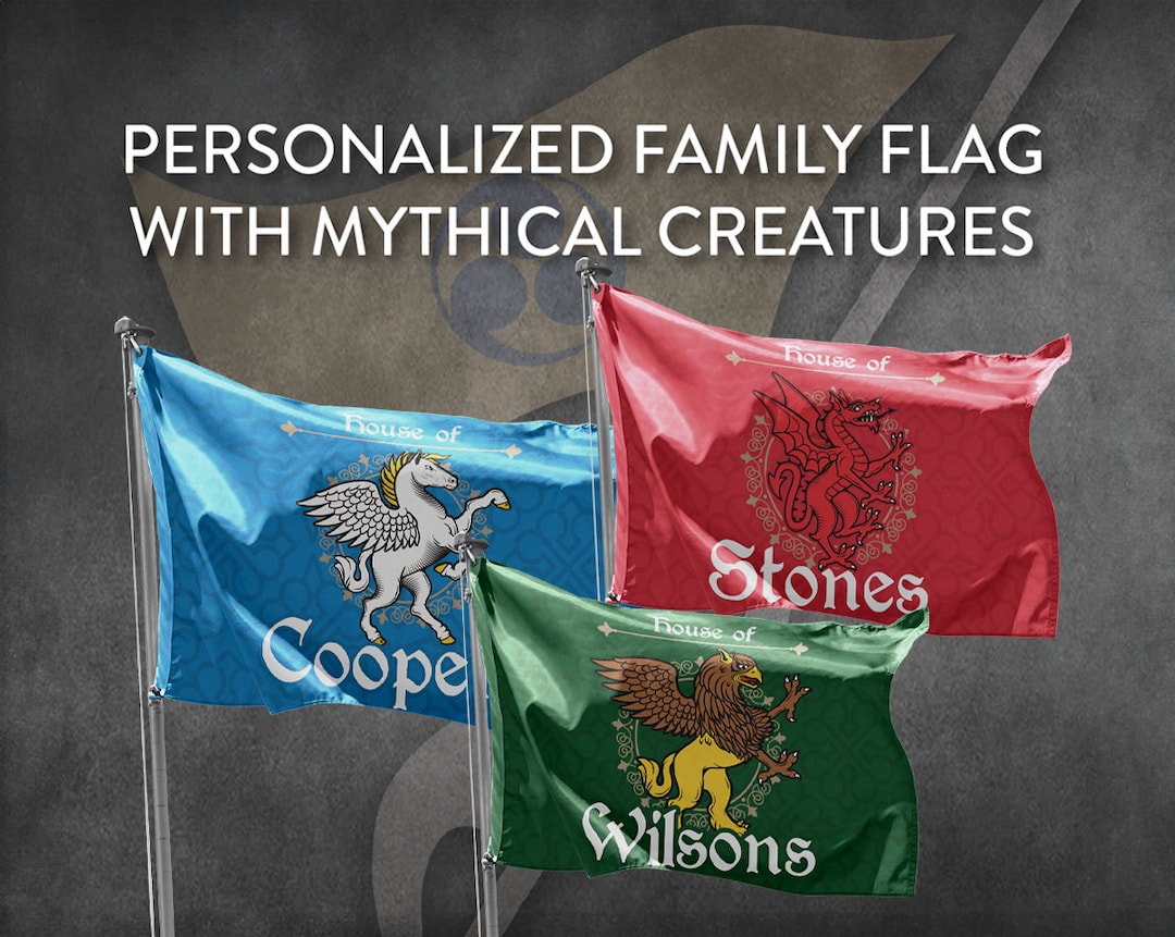 Personalized Family Flag With Mythical Creatures Print, 3x5 Ft / 90x150 Cm Size, Made in ...