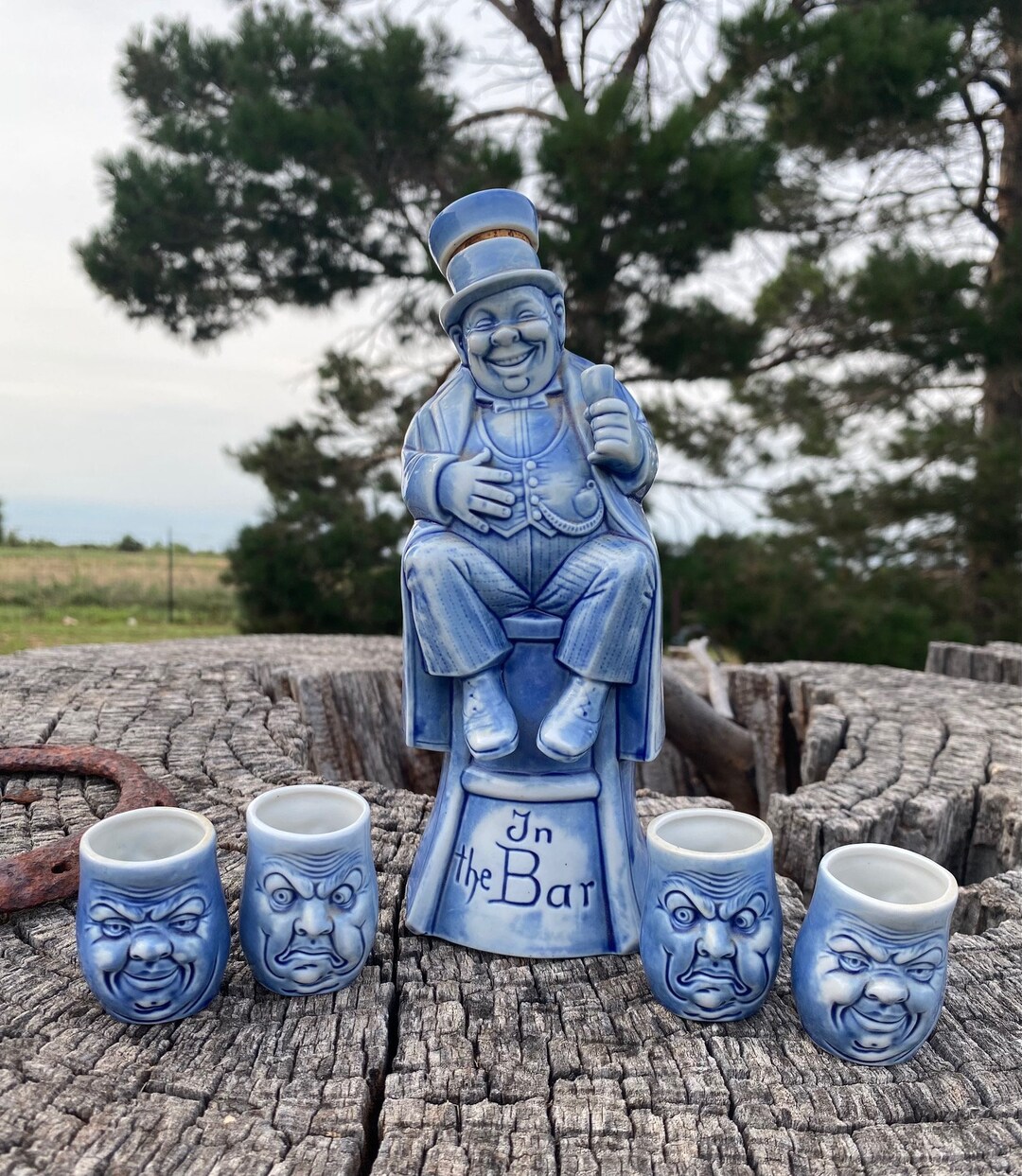 Vintage in the Bar Drunk Man Decanter and 4 Small Glasses, Happy Angry ...