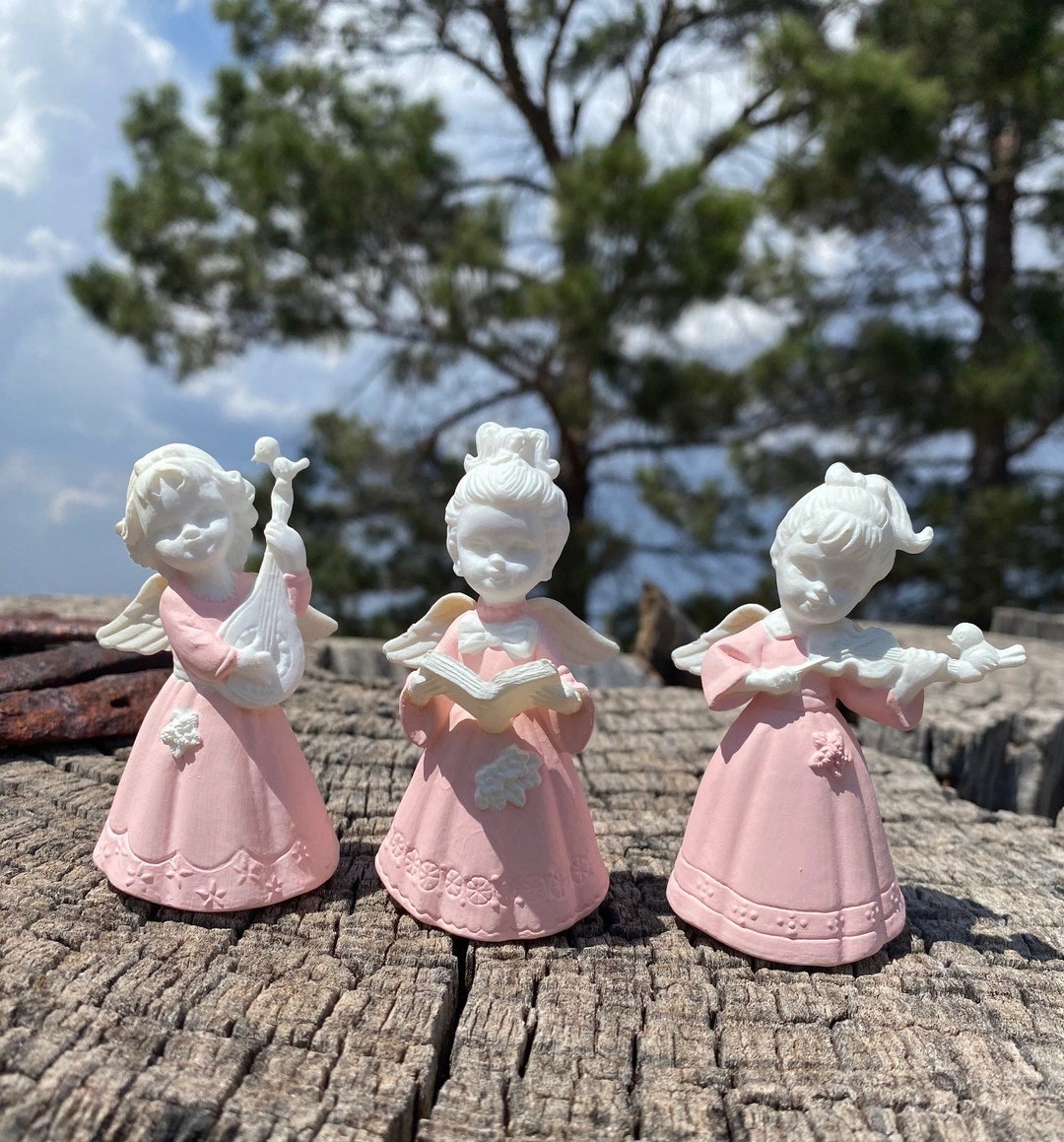 Three Musical Angels Figurines, 3" Three Small Angels With Pink Dress ...
