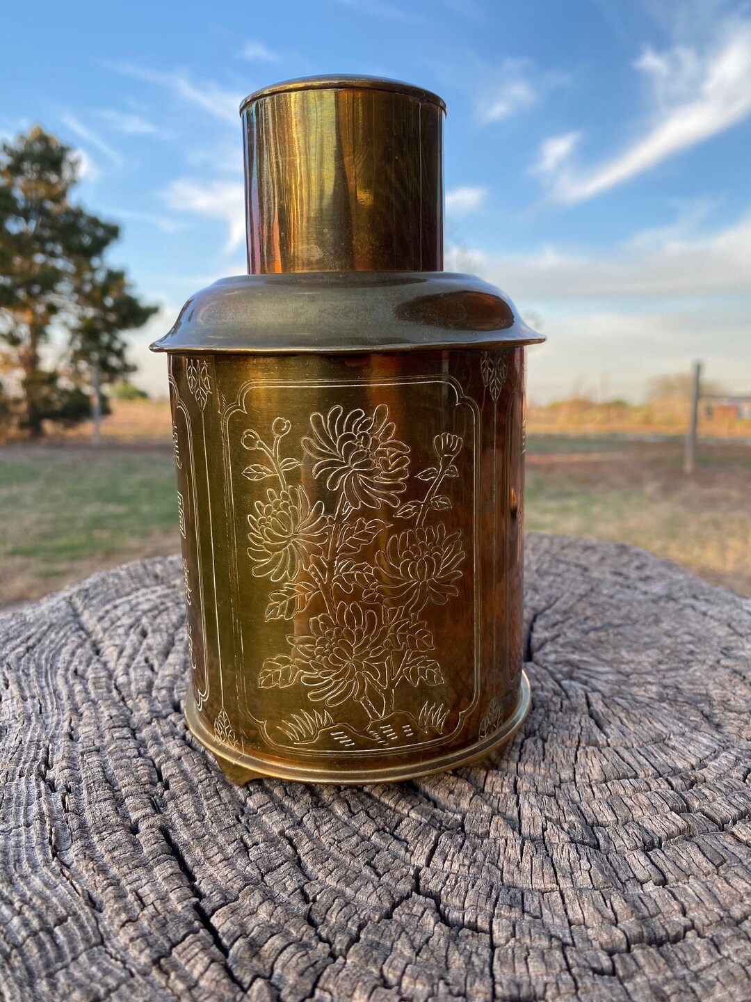 Vintage Brass Tea Caddy Tea Canister With Lid Etched Brass - Etsy