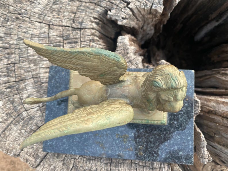 Brass Winged Lion Sculpture, Heavy Lion Figure Holding an Open Book on ...