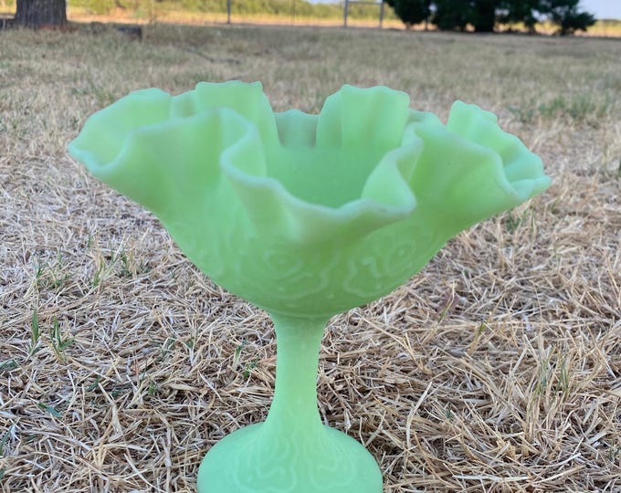 Vintage Fenton Light Green Satin Glass Pedestal Ruffle Bowl, Green ...