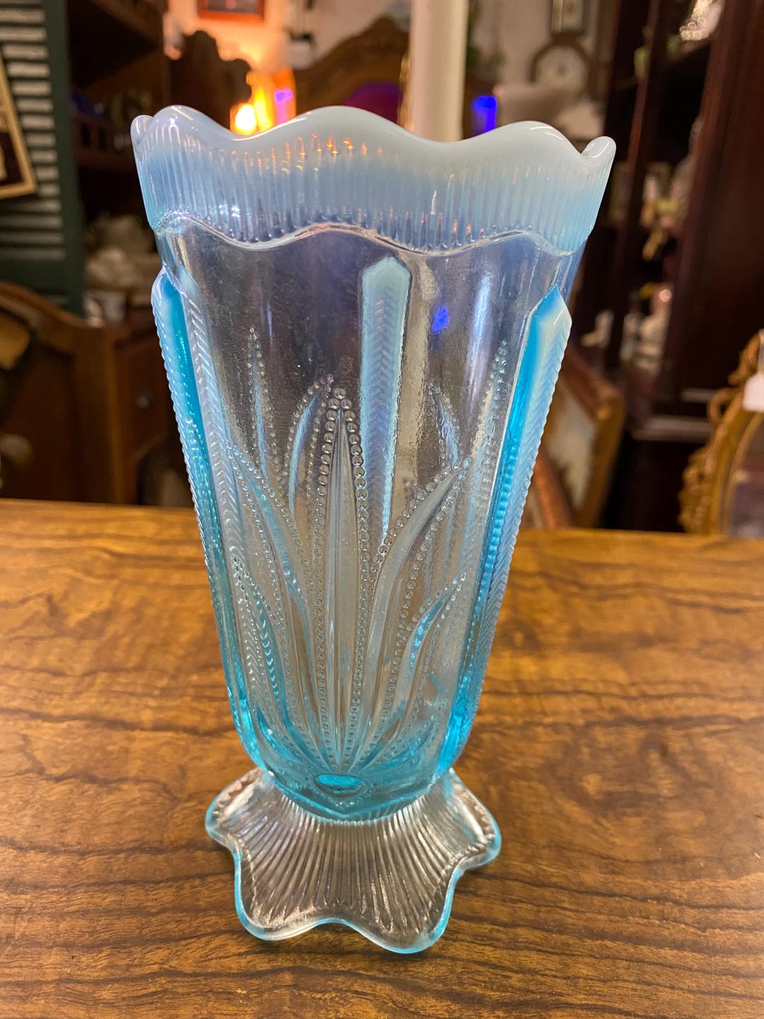 Fenton Blue Cactus Vase, Vintage Fenton Blue Glass Vase, Cactus Pattern ...