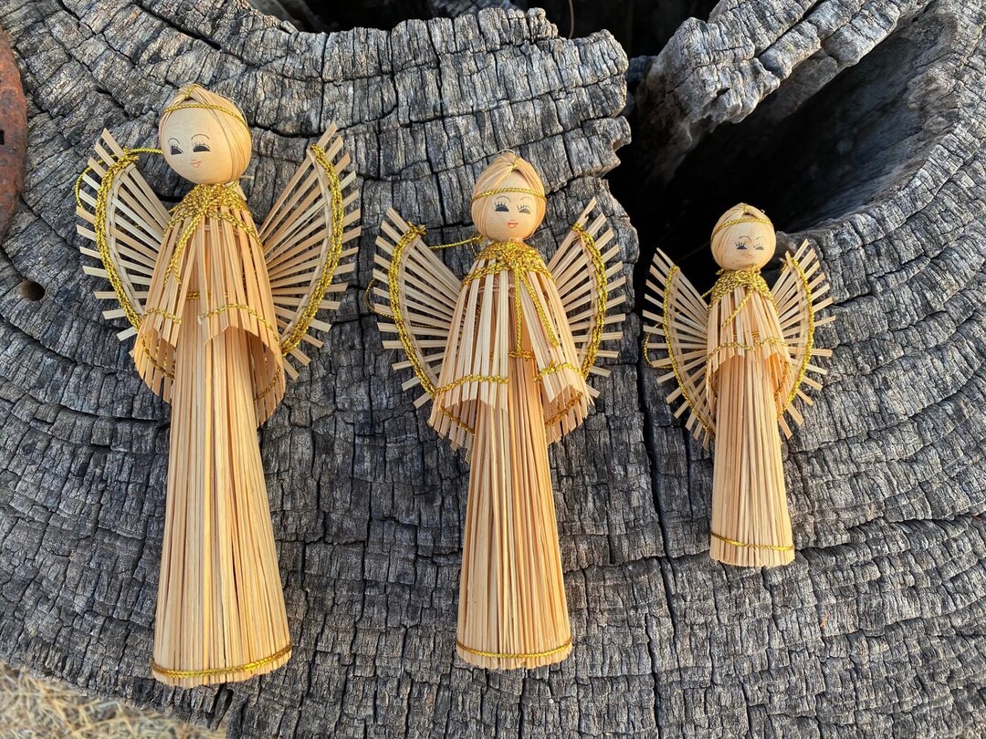 Set of 3 Angel Ornaments, Vintage Bamboo Angel Ornaments, Holiday Décor ...
